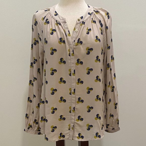 Boden | Tops | Boden Long Sleeve Gathered Neck Tan Top With Navy And ...